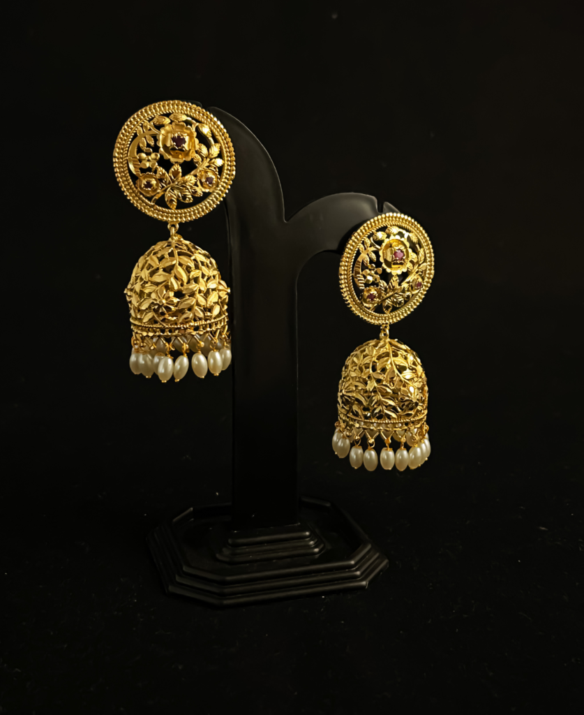 Vintage styled Golap Jhumko with Red Stones and South Sea Pearl Drops ...