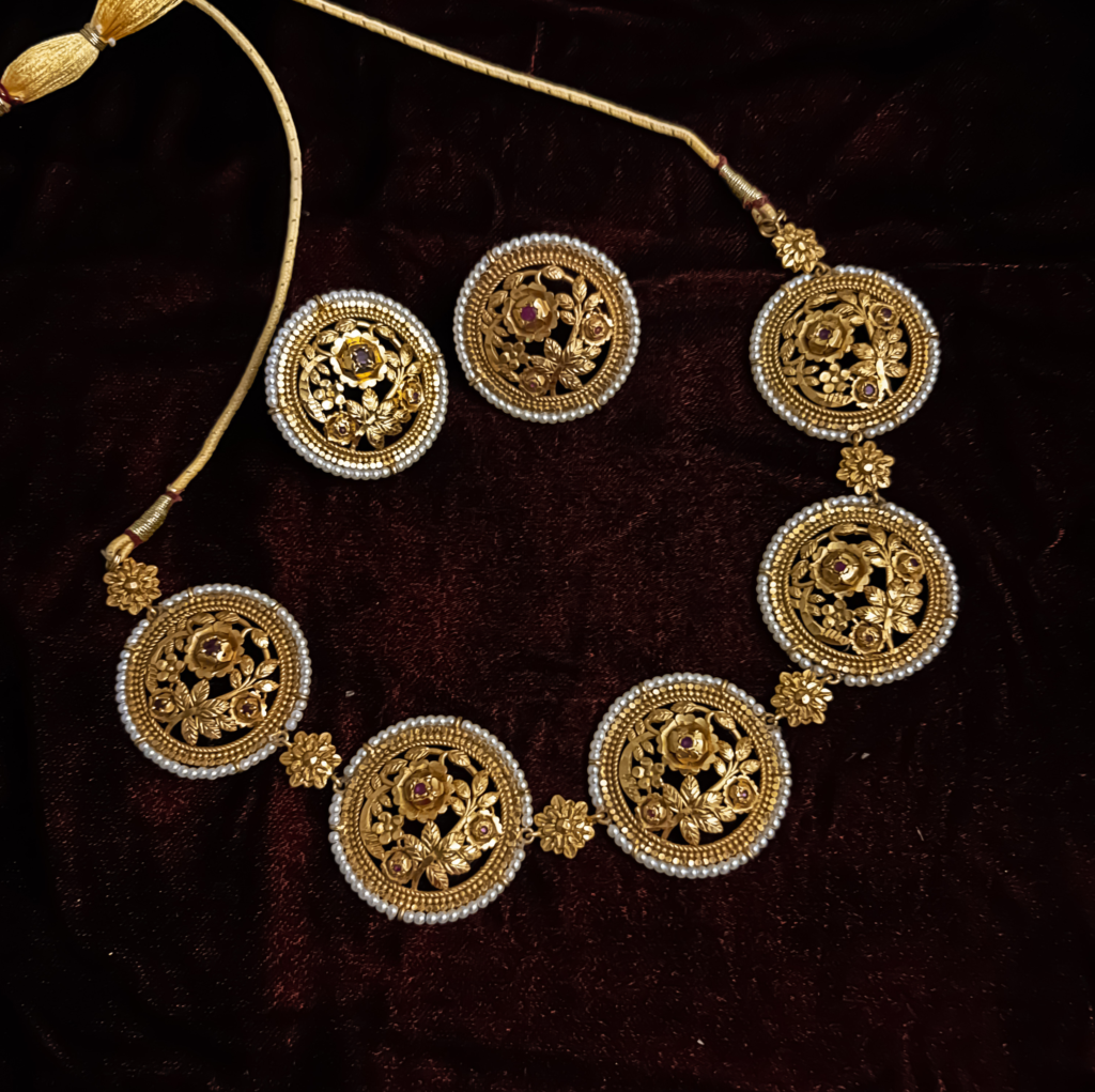 Traditional Golap Necklace Set bordered with South Sea Pearls - GAHANE