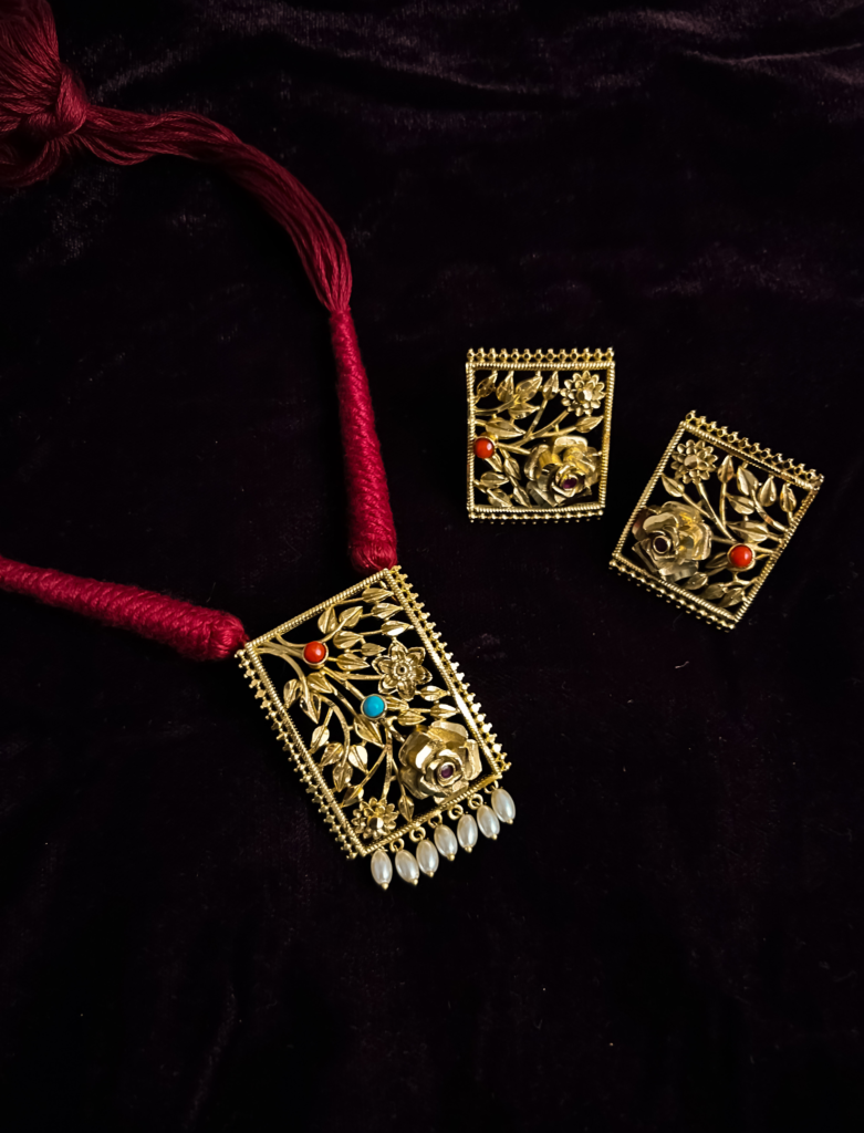 Traditional Rectangular Golap Pendant Set with Pearls. - GAHANE